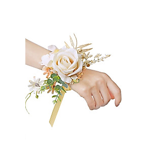 Ansofi 6Pcs Wrist Corsage Wristlet Band Bracelet for Bride Bridesmaid Champage Rose Artificial Flowers Accessories for Wedding Formal Dinner Party and Prom Decorations