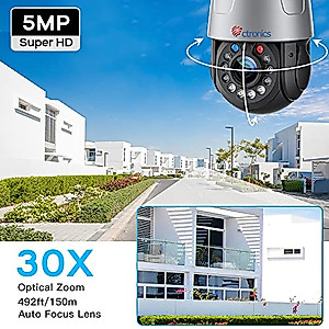 Ctronics 30X Optical Zoom 5MP Security Camera Outdoor WiFi 2.4/5GHZ, PTZ Camera Outdoor with Auto Scan/Track/Zoom, Human Detection, 492ft Night Vision, Sound Light Alarm, Two-Way Audio Metal/Cloud