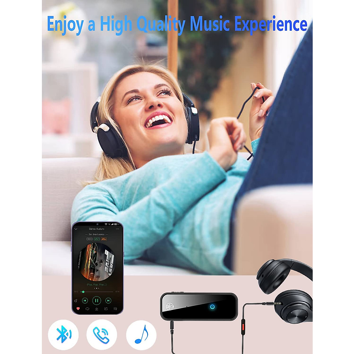 FMIIFMS Bluetooth 5.0 Adapter 3.5mm Jack Aux Dongle, 2-in-1 Wireless Transmitter Receiver for Car,TV Audio,Headphones,Speakers,Projector