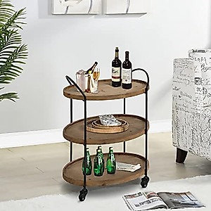 The Urban Port 23-Inch Wood Bar Cart with 3-Tier Storage Trays and Metal Frame, Brown and Black