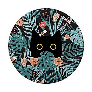 Black Cat In Botanical Flowers Green Floral Pattern Cute Cat PopSockets Standard PopGrip