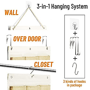 Over Door 4-Shelf Hanging Storage Bags Wall Mount Closet Organizer, 9 Pockets Linen Cotton Fabric Multi Functional Living Room Bedroom Bathroom File Magazine Waterproof Free Hooks Yellow
