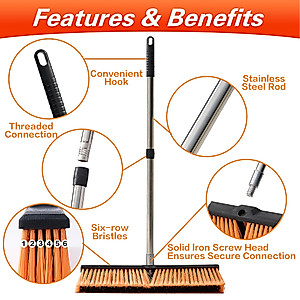 LUCHIA 18” Heavy Duty Push Broom with 65” Adjustable Stainless Steel Handle | Flagged Bristles for Indoor & Outdoor Broom for Floor Cleaning with Brooms, Gloves & Cloth | Orange