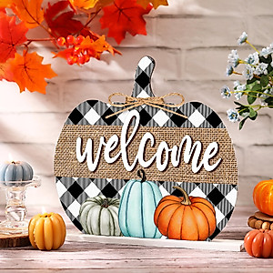 Geetery Thanksgiving Hello Fall Pumpkin Sign Decorations 12 Inch Double Printing Wooden Autumn Buffalo Plaid Welcome Tabletop Decor Farmhouse Thanksgiving Decorations for Harvest Living Room