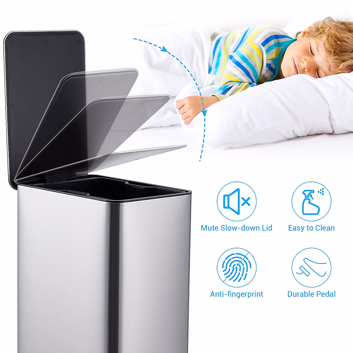 GarveeHome 10 Liter / 2.6 Gallon Small Bathroom Step Trash Can with Lid Soft Close, Step Pedal, with Removable Inner Bucket, Brushed Stainless Steel