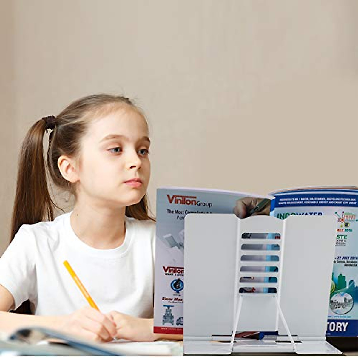 Blizzow Desk Book Stand Holders for Reading Hands Free, Durable Metal Adjustable Book Stand, Sturdy Lightweight Foldable Portable Bookstand -Cookbook, Recipe, Tablet, Music Book, Documents (White)