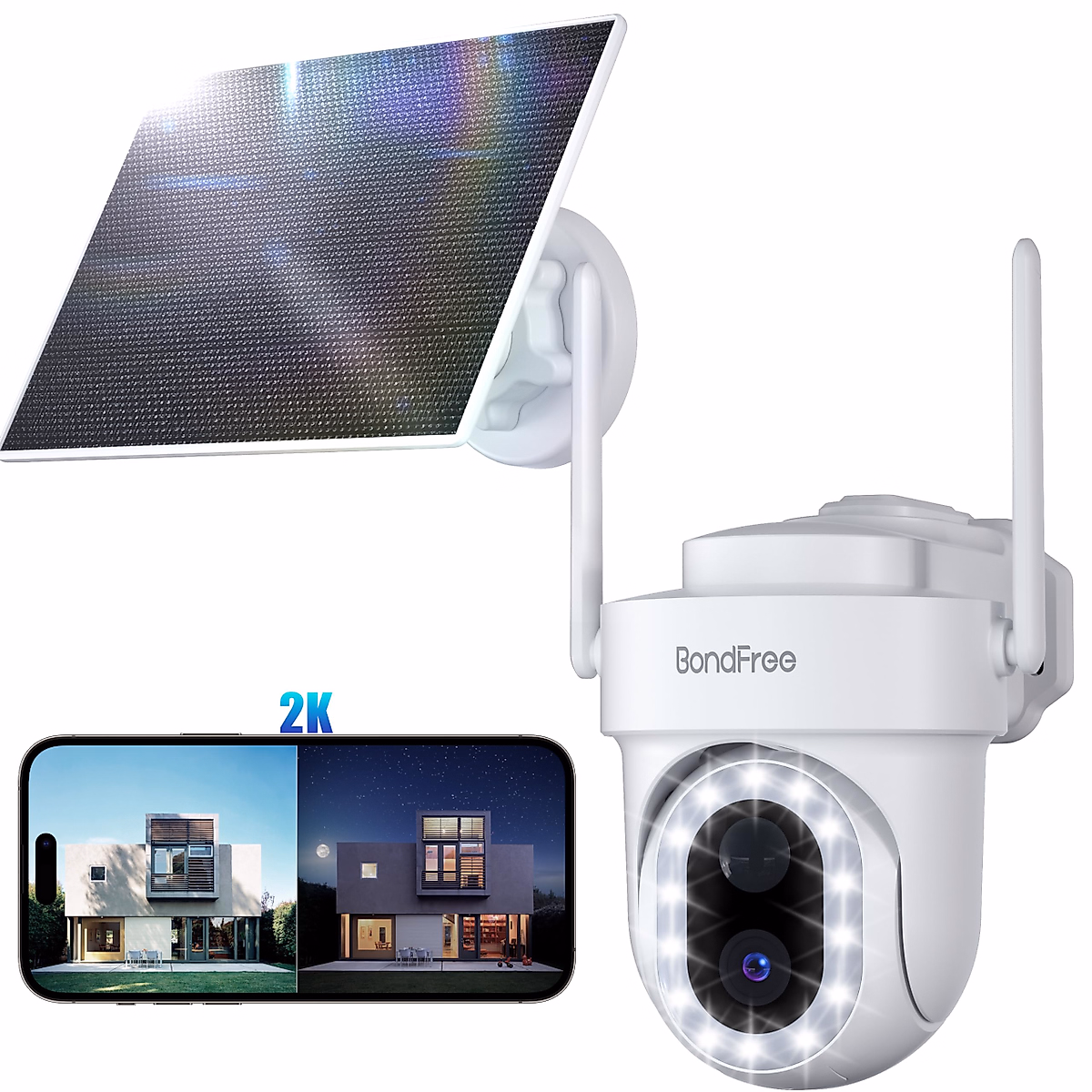 BondFree 2K Solar Security Cameras Wireless Outdoor with 14 Spotlights, IP65 Waterproof, Night Vision,Alarm, 2-Way Audio, PIR Detection, 2.4GWiFi Security Camera Works with Alexa Google Assistant