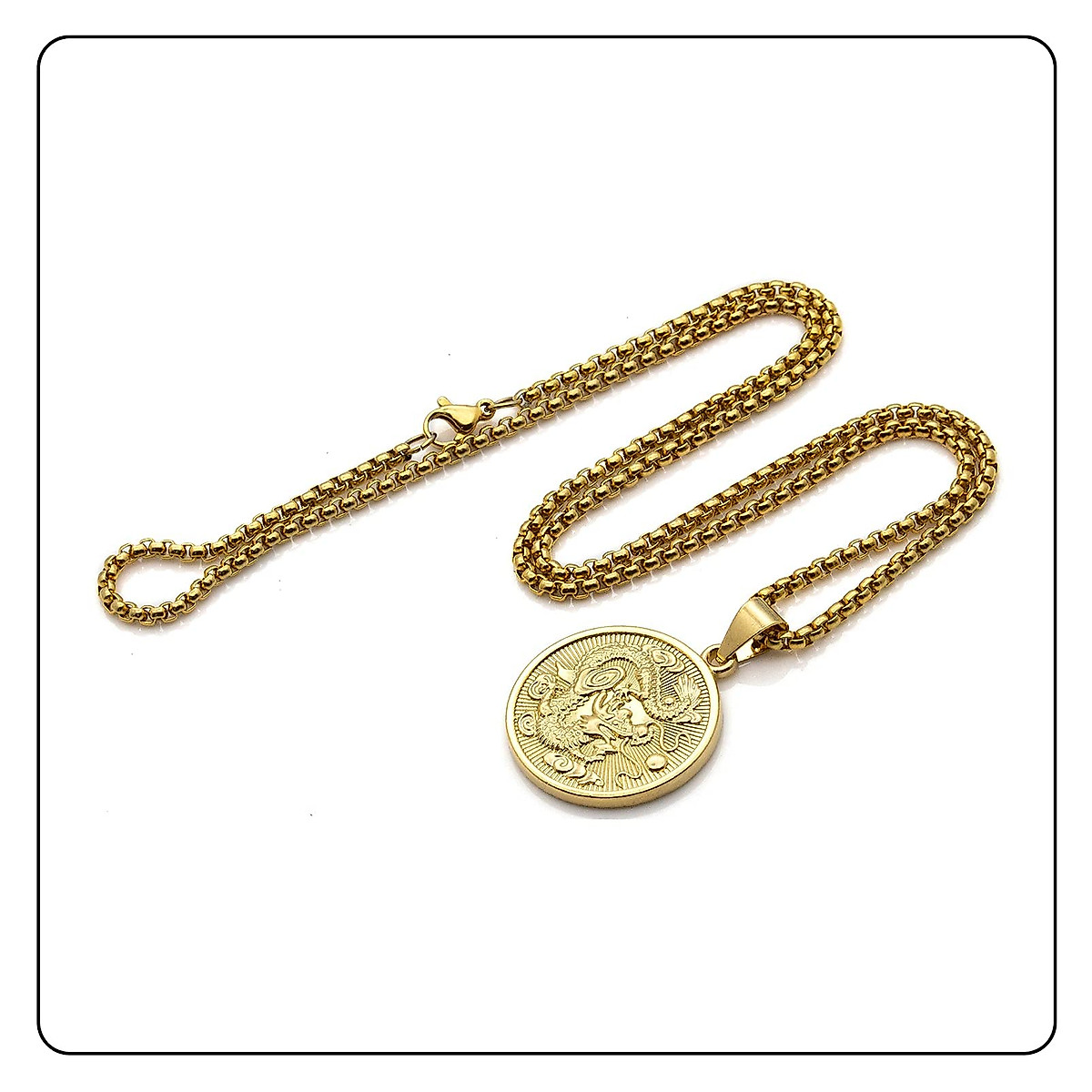 Fusamk Hip Hop 18K Alloy Dragon Round Tag Pendant Coin Necklace(Gold)