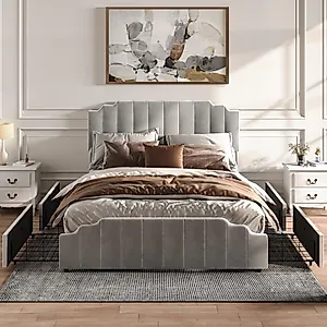PaPaJet Queen Bed Frame with Storage Upholstered Platform Bed with 4 Drawers and Adjustable Headboard, Wooden Slats Support, No Box Spring Needed, Light Grey