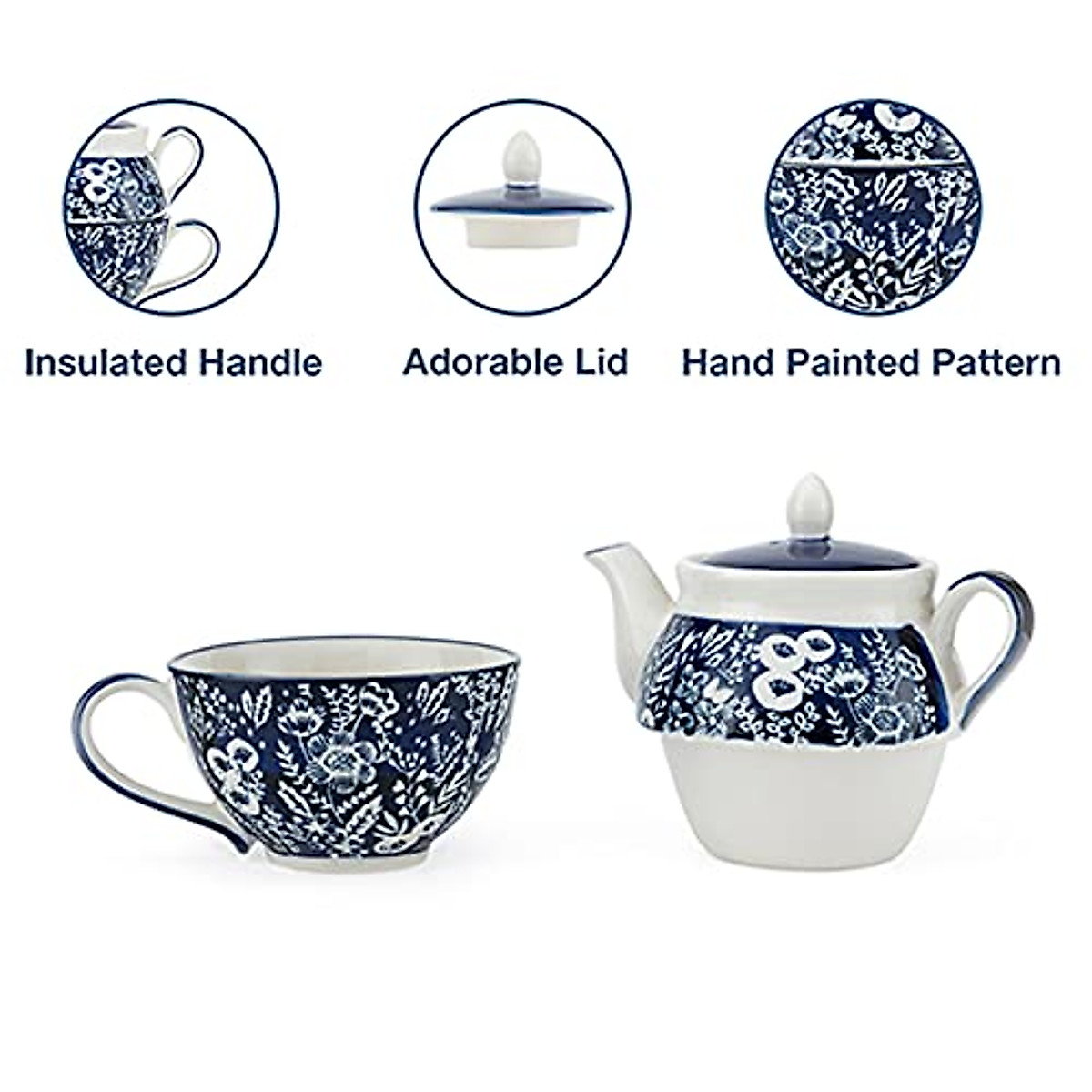 Taimei Teatime Ceramic Tea for One Set, 15 OZ Teapot with Infuser and Cup Set, Blue and White Teapot Set for one, Tea Set for Women, Adults