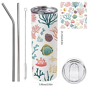 Tumbler with Lid and Straw Cartoon Water Plants and Fish thermos coffee travel mugcute cups 20 oz insulated tumbler for Daily Holiday Decor Gift coffee cup