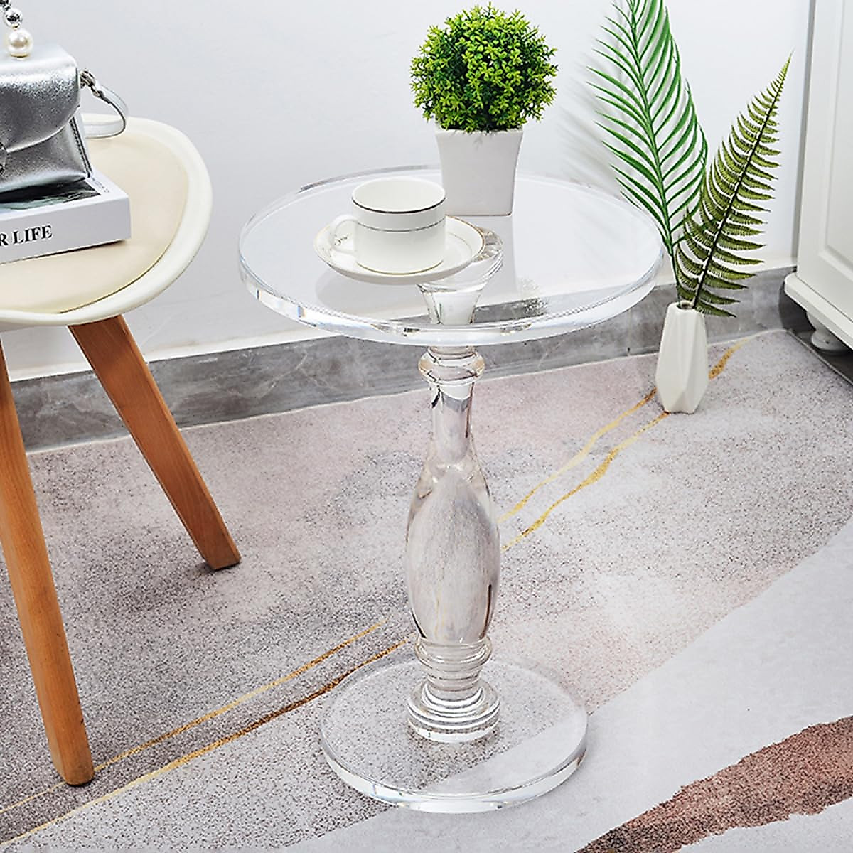 Gdrasuya10 Clear Acrylic Side Table End Table, Acrylic Pedestal End Table Small Accent Table with Solid Base Drink Table for Small Space Living Room, Bedroom, Balcony (14 inch)