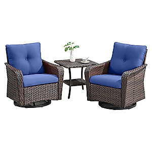 Rilyson Outdoor Patio Rocking Swivel Chairs - 3 PC Wicker Patio Furniture Rocker Chair Set Rattan Patio Bistro Sets with Side Table for Porch Deck Backyard Garden(Brown/Blue)