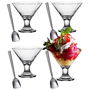 Glasia Set of 4 Glass Ice Cream Bowls and 4 Stainless Steel Spoons | Small Dessert Cups for Parfait Sundae Snacks Fruit | Mini Sorbet Glasses | Footed Trifle Tasters with Spoon for Parties