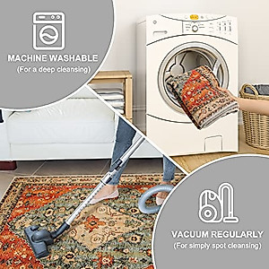 Boho Area Rug, 4' x 6' Machine Washable Rugs for Entryway Faux Wool Large Rugs Distressed Throw Rug Non-Slip Floor Carpet for Indoor Bedroom Kitchen Living Room