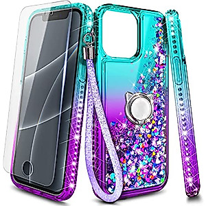 NGB Supremacy Compatible with iPhone 13 Mini Case with Tempered Glass Screen Protector/Ring Holder/Wrist Strap, Girls Women Liquid Bling Sparkle Floating Glitter Cute Phone Case (Aqua/Purple)