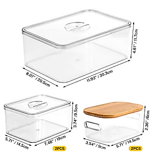 5 Pack Clear Plastic Storage Bins with Bamboo Lids, Stackable Storage Containers for Organizing Medicine Cabinet Organizer, Craft Room, Bread Box