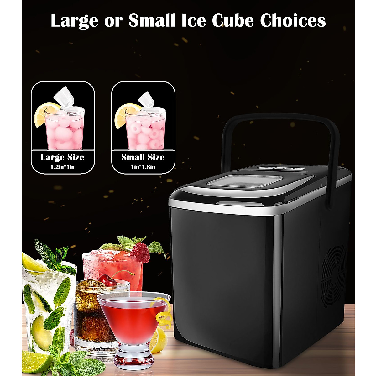 EVAMOKE Ice Makers Countertop with Handle, Nugget Ice Cubes Ice Machine with Basket and Ice Scoop, Portable Ice Maker 9 Cubes Ice Black Mini Bullet Ice Maker Small, Ice Maker for Home&Kitchen&Office