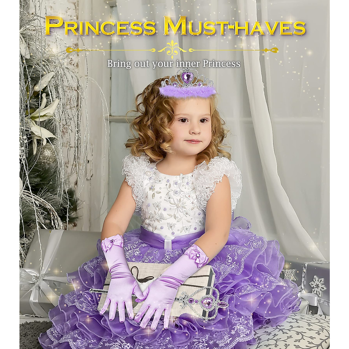Princess Dress Up Accessories Princess Gloves, BIBUTY 7pcs Dress Up Set for Toddler Girls with Princess Crown, Wand, Gloves, Necklace, Earrings, Bracelet and Ring, Costume Toys for 3-6 yr Little Girls