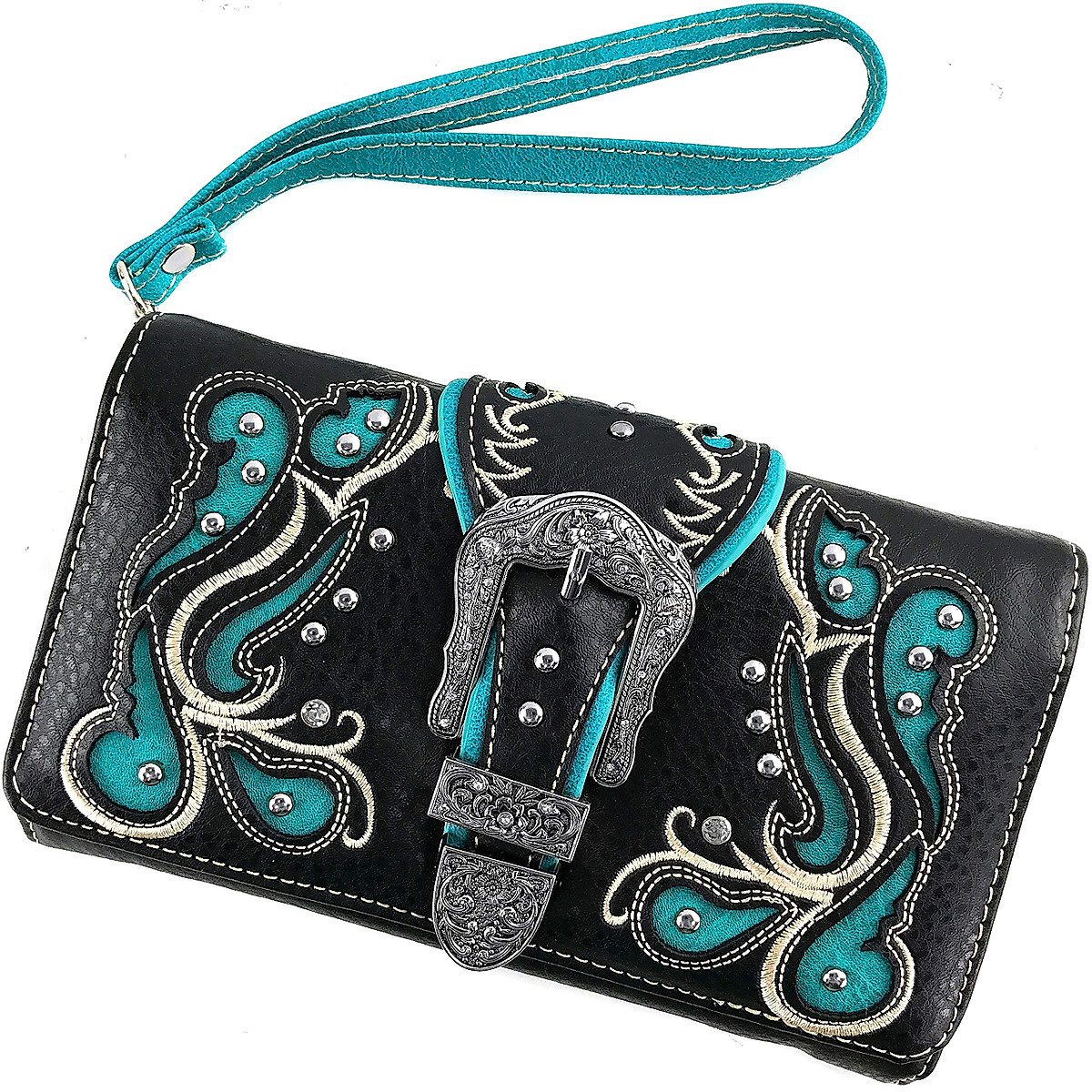 Zelris Western Paisley Buckle Women Crossbody Wrist Trifold Wallet (Turquoise)