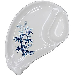 Unique Japanese White Melamine Divided Plate with Bamboo Design, Sushi and H'orderves Serving Platter for Meals, 8.25 x 5.5 Inches
