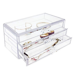 Isaac Jacobs Clear Acrylic 3-Drawer Stackable Jewelry Organizer, Cosmetic & Makeup Case with 3-Drawer Trays, Made for Bedroom, Bathroom, Countertop & Dresser