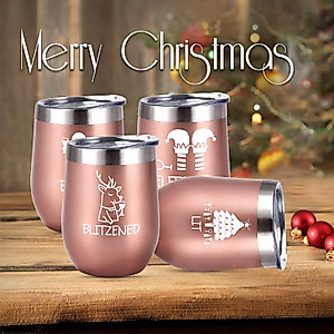 GINGPROUS Christmas Funny Wine Tumbler Set, 12 Oz Stainless Steel Wine Tumbler for Women Friends Men, Gift Idea for Christmas Xmas Wedding Party, Set of 4, Rose Gold