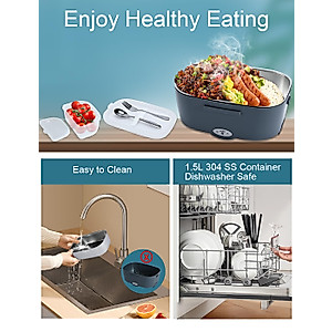 CHARMDOO Electric Lunch Box, 80W Portable Lunch Warmer Food Heater for Adults Car/Truck/Office 12/24/110V, Fast Heating Lunchbox with Leak Proof Lid SS Container, Grayish Blue