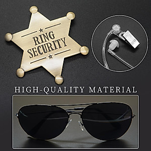 Huwane Ring Security Wedding Ring Bearer Gifts Secret Service Cosplay Set Police Spy FBI Toys Accessory, Include Acoustic Earpiece Tube Headsets, Ring Bearer Sunglasses, Ring Security Badges (1)