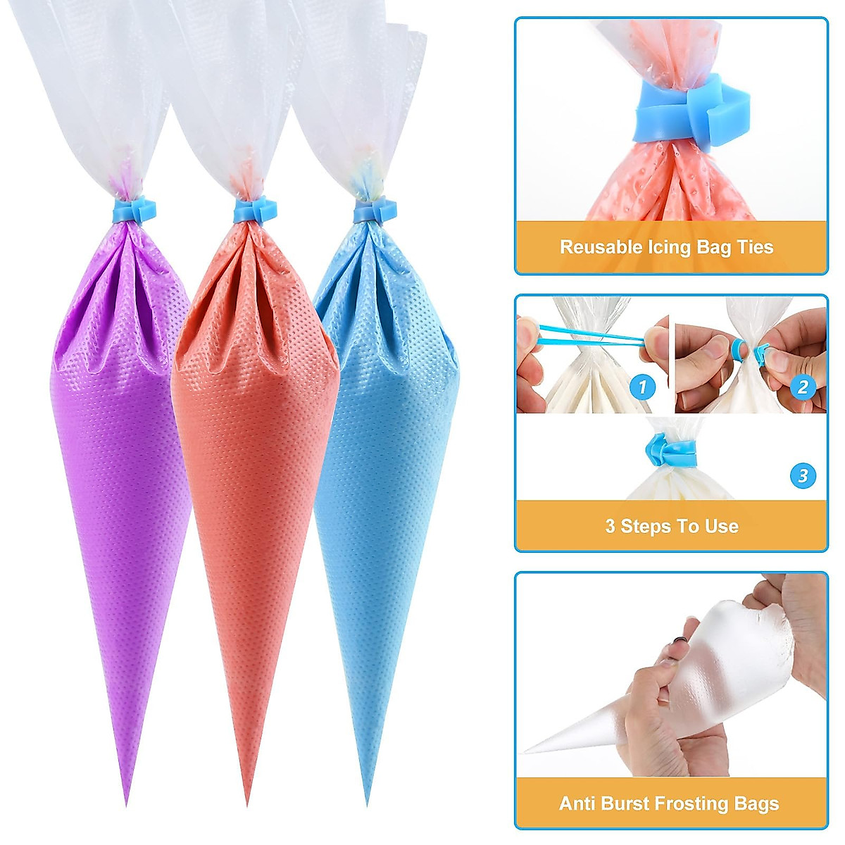 Piping Bags Disposable 100pcs, Leconico 12 Inch Thickened Pastry Bags, Anti Burst Frosting bags, Non-slip Icing Bags, Tipless Piping Bags with 2 Bag Ties 3 Cake Scraper for Royal Icing/Cake Decorating