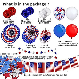 35 Pcs Patriotic Party Decorations Set, 4th of July American Flag Independence Day Party Supplies, Blue Red White Confetti Balloons, Paper Fans, Pompoms, USA Flag Pennant Bunting, Star Confetti, Star Streamers