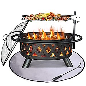 Amopatio Fire Pit with Mat & Cover, 30 Inch Large Outdoor Wood Burning Fire Pits, Patio Backyard Firepit with Steel BBQ Grill Cooking Grate, Spark Screen & Poker for Garden, Bonfire, Camping, Picnic