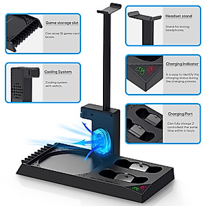 Vertical Cooling Stand Compatible with Xbox Series X with Cooling Fan, Cooling Station Dock with 10 Game Storage Organizer, Controller & Headphone Holder, 2X1400 mAh Rechargeable Battery Packs