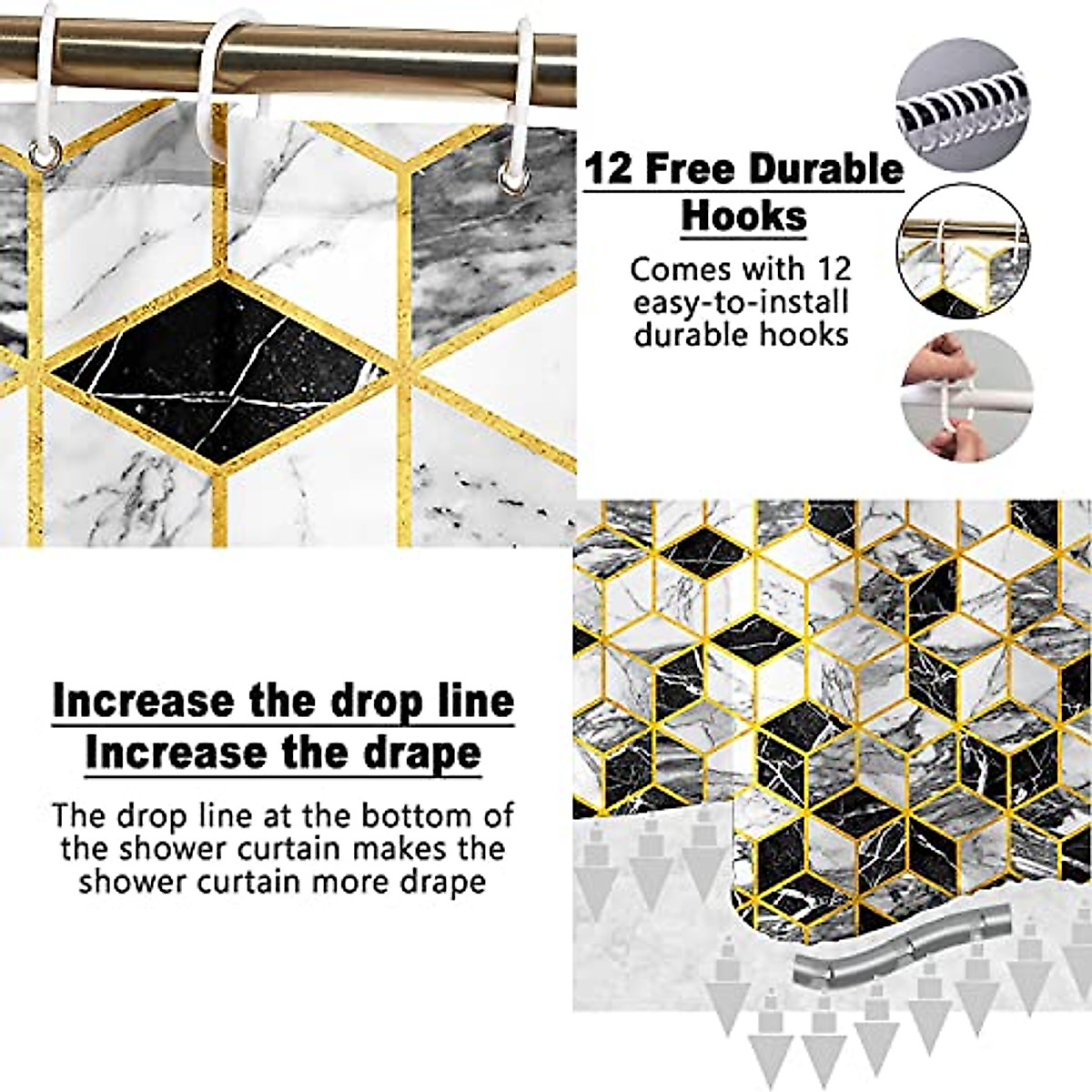 4 Pcs Bathroom Shower Curtain Set, Honeycomb Marble Bathroom Sets with Rugs(Bath Mat,U Shape and Toilet Lid Cover Mat) and 12 Durable Hooks