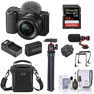 Sony ZV-E10 Mirrorless Camera with 16-50mm Lens, Black Bundle with 64GB SD Card, Shoulder Bag, On-Camera Microphone, Mini Tripod, Extra Battery, Charger, 40.5mm Filter Kit, Cleaning Kit