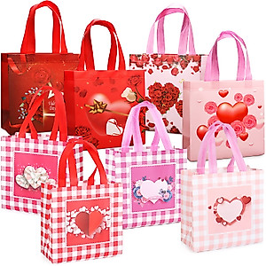 8PCS Happy Valentines Day Reusable Gift Bags, Treat Bags with Handles, Valentines Day Party Bags, Multifunctional Non-Woven Valentines Bags for Gifts Wrapping, Valentines Party Supplies, 8.7×9.2×4.3inch