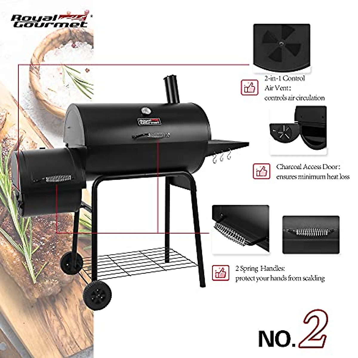 Royal Gourmet CC1830RC 30 Barrel Charcoal Grill with Offset, 811 Square Inches Smoker with Cover for Outdoor Garden, Patio, and Backyard Cooking, Black