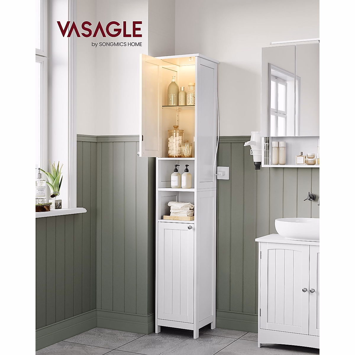 VASAGLE Tall Bathroom Cabinet with Lights, Slim Freestanding Bathroom Storage Cabinet with Adjustable Shelves, for Small Spaces, Modern, 11.8 Inches Wide, Cloud White UBBC566W02