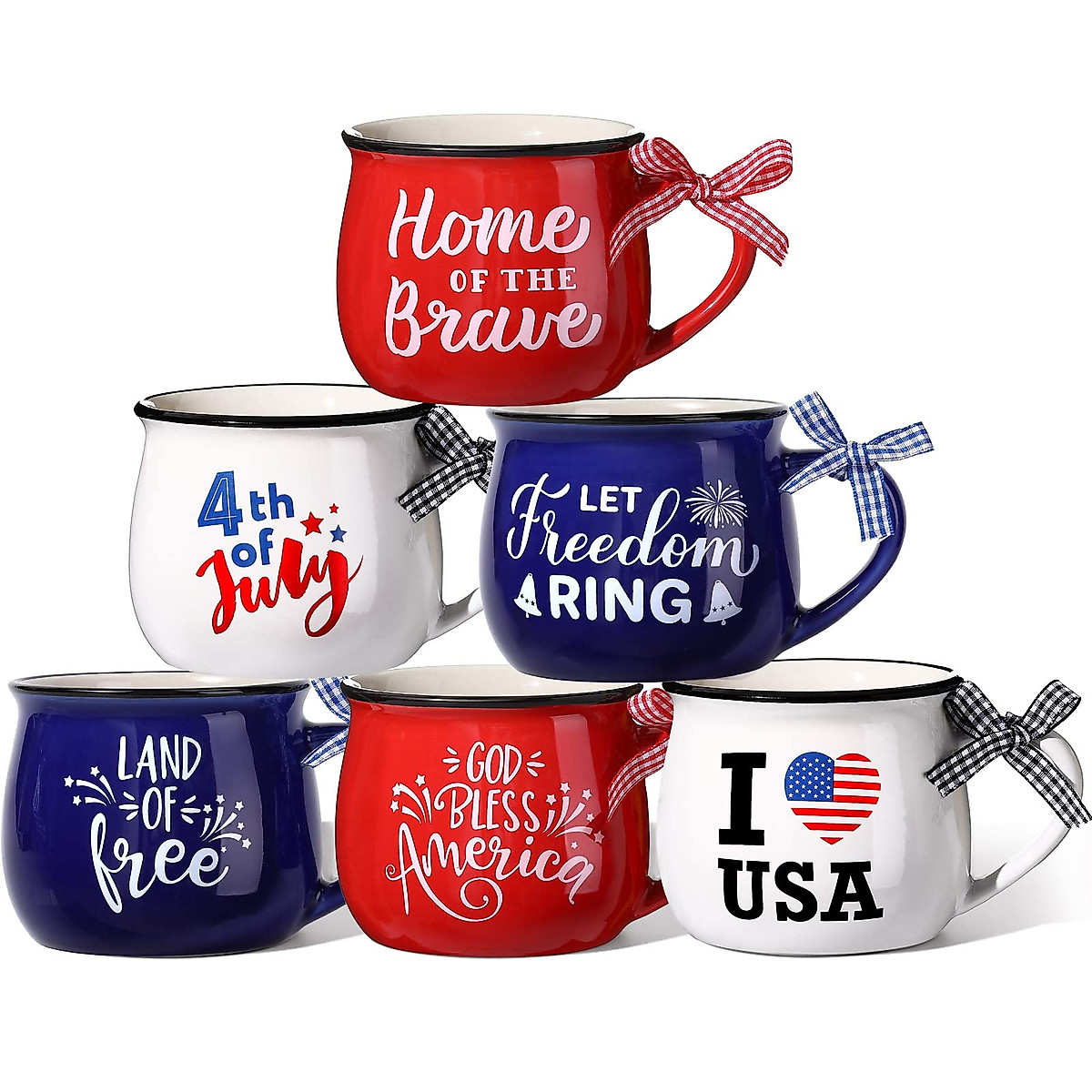 Zubebe 6 Pieces Patriotic Coffee Mugs 4th of July Ceramic Cups Tumbler Hot Cocoa Mugs Gift Set for Independence Day Tiered Tray Coffee Bar Decorations (Patriotic)