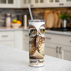Personalized Custom Name Text Pair Of Burrowing Owls Bird Watercolor Skinny Tumbler 20oz with Straw Insulated Water Bottle Gift - 1 Line Horizontal