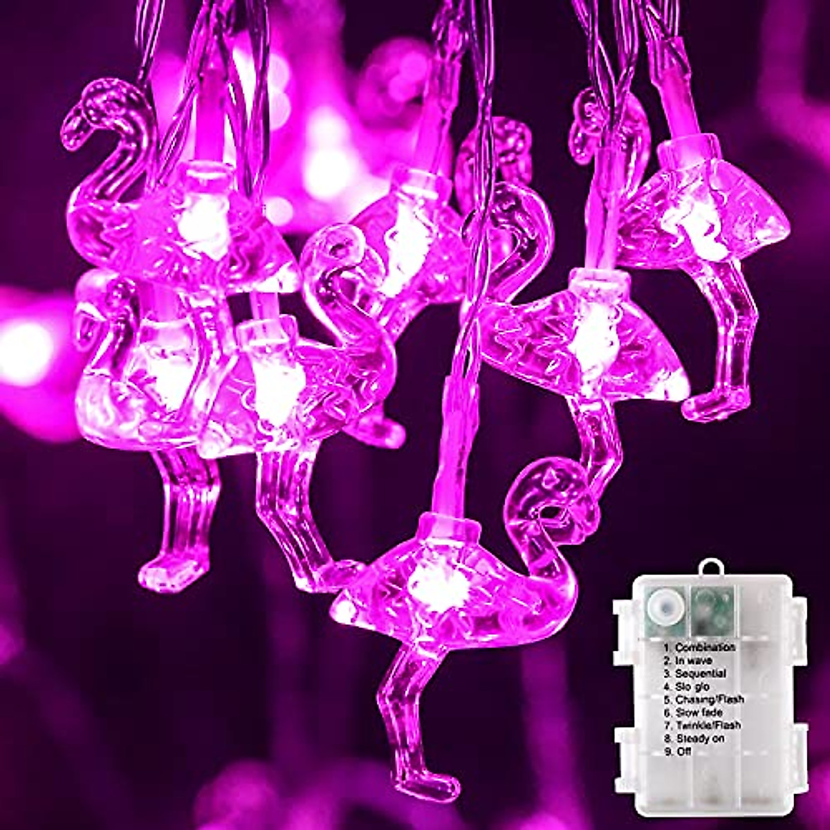 Battery String Lights Pink Crystal Flamingo Lights 30.5ft 60 LED Waterproof Outdoor String Lights, 8 Lighting Modes Battery Twinkle Lights, Patio Garden Wedding Christmas Flamingo Party Decorations