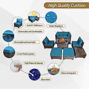 VRSHWO 8 Pieces Outdoor Patio Furniture Set with Fire Pit Table 44", 50000 BTU Propane Gas Fire Pit, Patio Sectional Conversation Sets Wicker Rattan Sofa Couch with Coffee Table, Blue