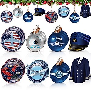 Suzile 24 Pcs Air Force Ornaments Bulk Set Wooden Hanging Air Force Gift Christmas Veteran Ornament for Christmas Tree Decorations Gift Veteran Pilots Military Decoration