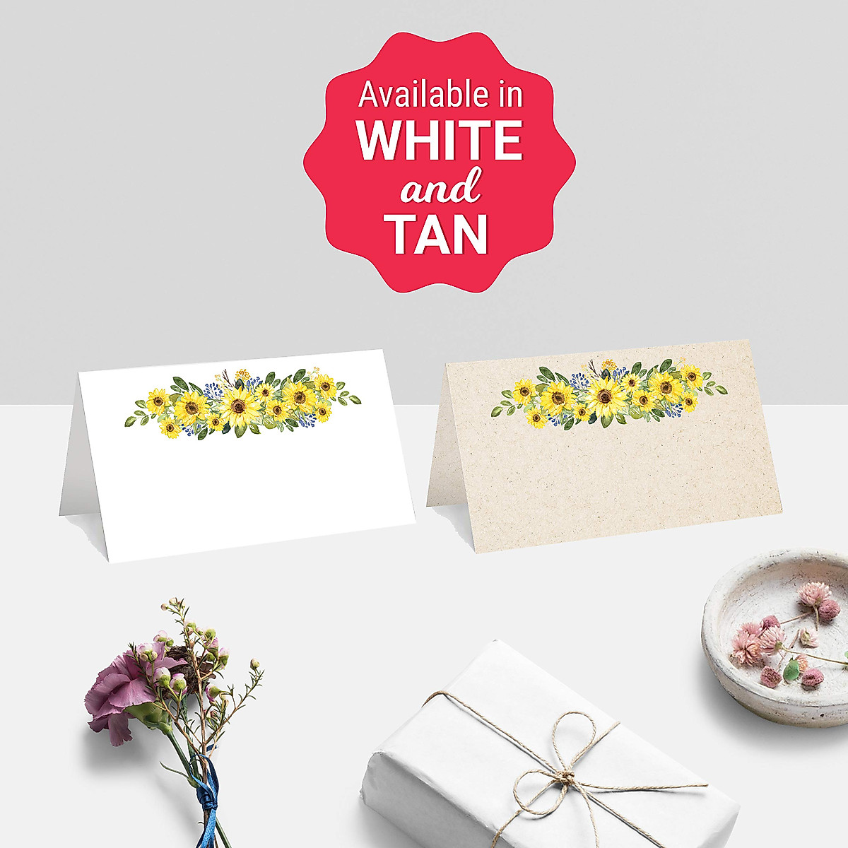321Done Sunflower Place Cards, Made in USA - Blank Small 3.5x2 for Name Food Table Setting Dinner Party Seating Wedding Reception Buffet Tent Style Rustic Floral on White - Set of 24
