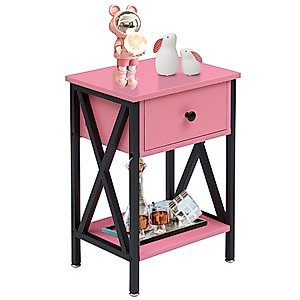 VECELO Nightstand,Modern Bedside End Table, Night Stand with Drawer and Storage Shelf for Living Room Bedroom, Industrial Metal Frame