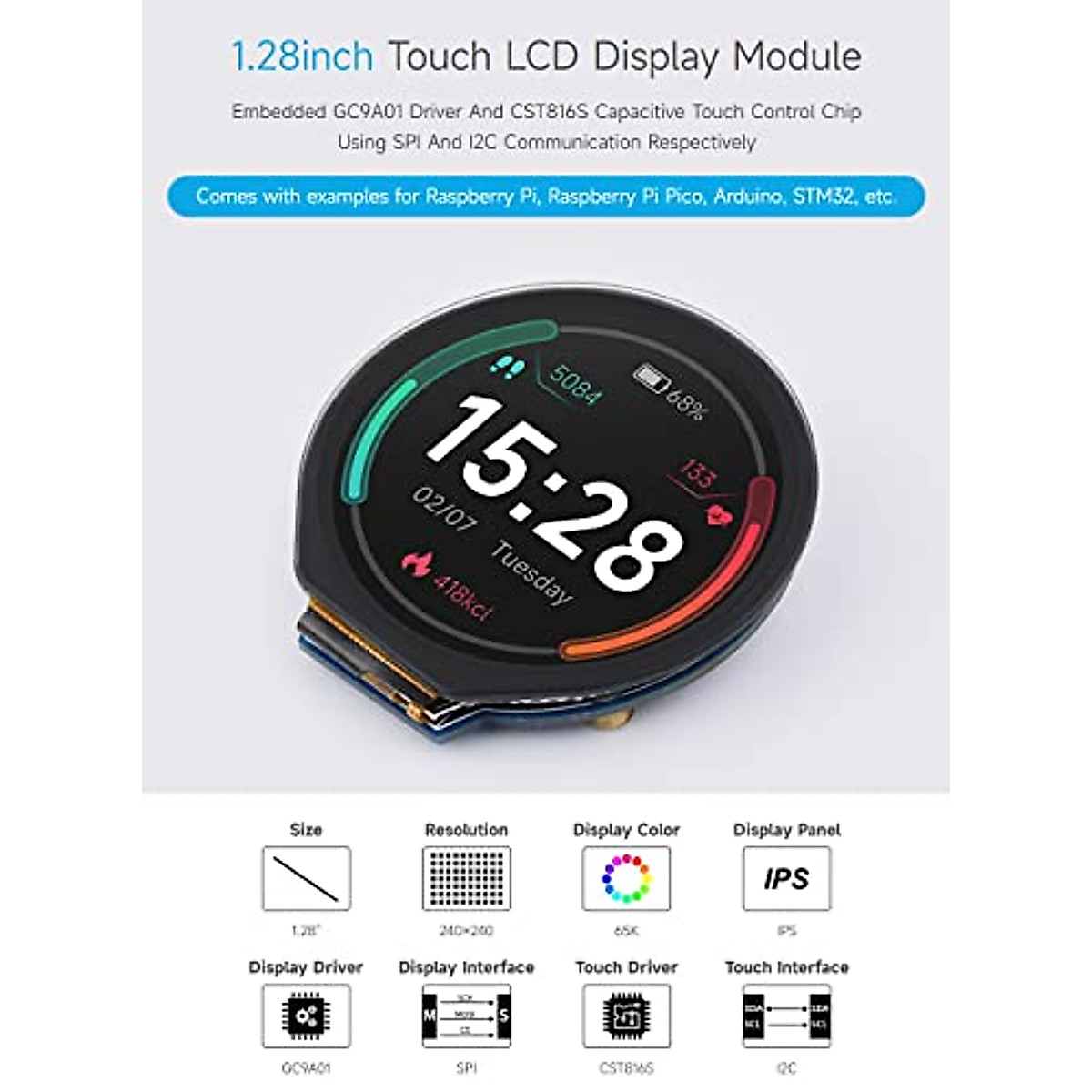 Waveshare 1.28inch Round LCD Display Module with Touch Panel, 240×240 Resolution, IPS, SPI and I2C Communication, Compatible with Raspberry Pi 5/4B/3B/Zero/Zero W/Zero 2W/Pico/Pico W/Pico WH