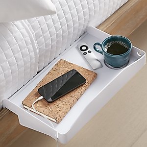 Modern Innovations Bedside Shelf for Bed, College Dorm Room, Bunk Bed Shelf/Caddy for Top Bunk, Clip On Nightstand Tray with Cord and Cup Holder for Table Storage (White)