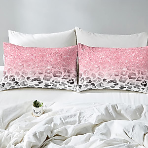 Leopard Print Duvet Cover Set Twin Size,Kids Girls Woman Feminine Room Decor,Pink Glitter Starry Romantic Comforter Cover,Cheetah Skin Abstract Bedding Set,Fashion Glamorous Quilt Cover,1 Pillowcase