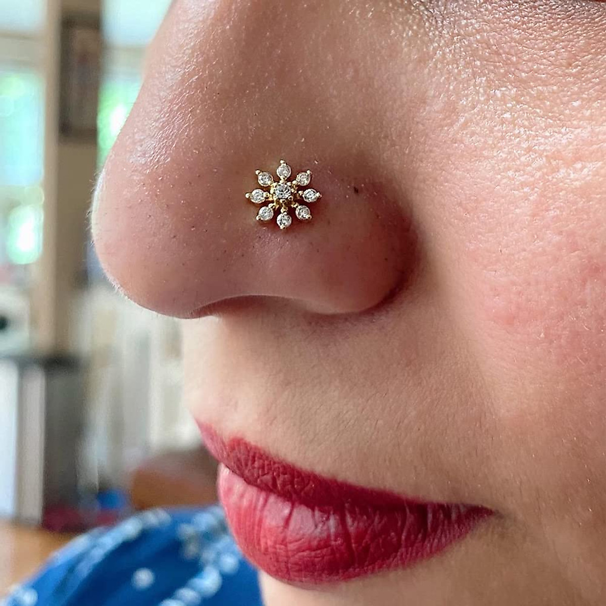 MODRSA Nose Studs 20g Nose Stud L Shaped Diamond Nose Rings Stud for Women Surgical Steel Nose Rings Nose Screw Nose Piercing Stud Flower Heart Nostril Jewelry Silver