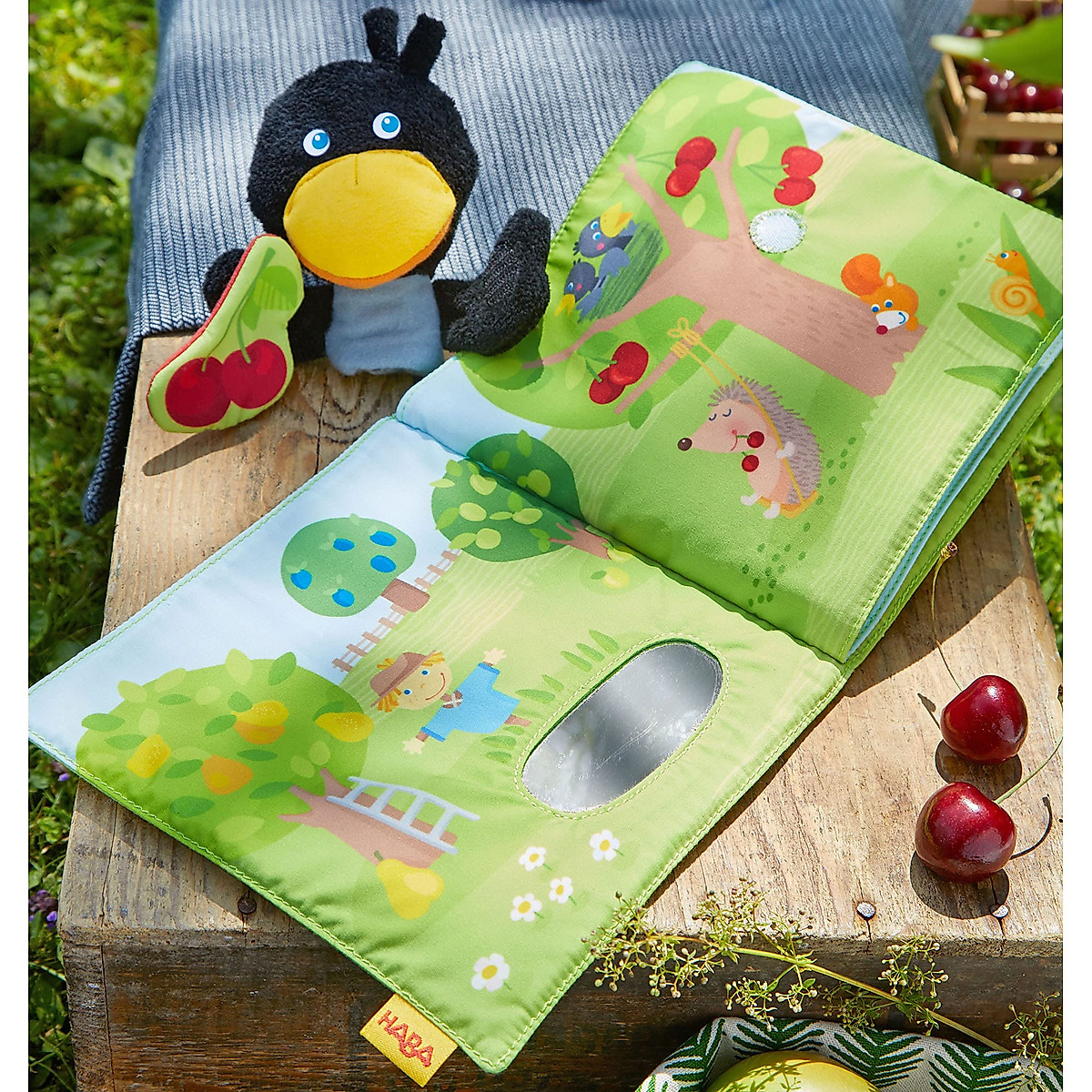 HABA Fabric Book Orchard with Raven Finger Puppet and Removable Fruit